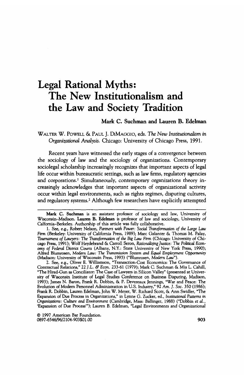 Legal Rational Myths: The New Institutionalism and the Law and Society ...