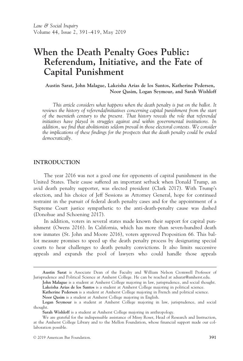 When the Death Penalty Goes Public: Referendum, Initiative, and the ...