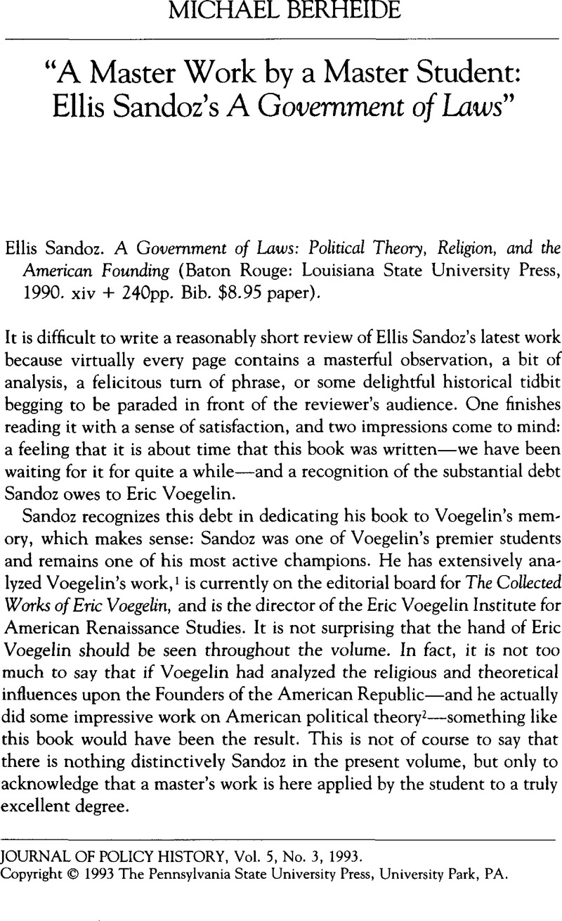 “A Master Work by a Master Student: Ellis Sandoz's A Government of Laws ...