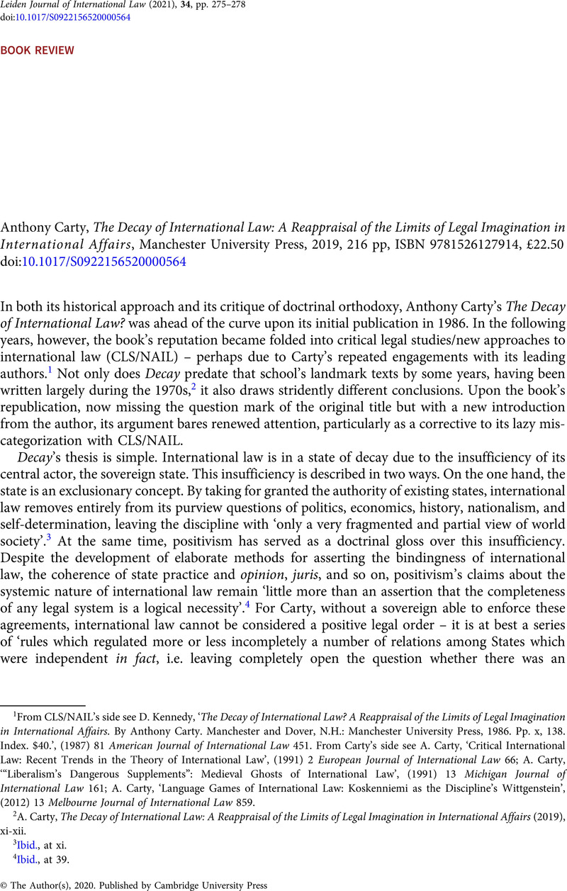 Anthony Carty , The Decay of International Law: A Reappraisal of the ...
