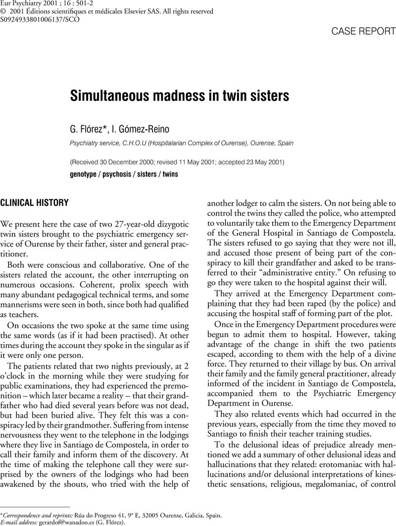 Simultaneous madness in twin sisters | European Psychiatry | Cambridge Core