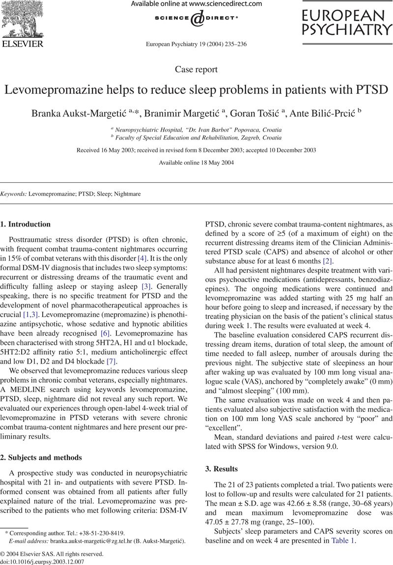 Levomepromazine helps to reduce sleep problems in patients with PTSD ...