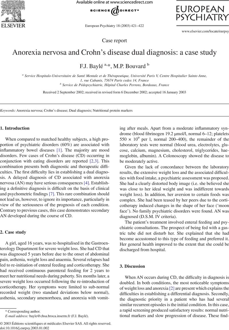 Anorexia nervosa and Crohn's disease dual diagnosis: a case study ...