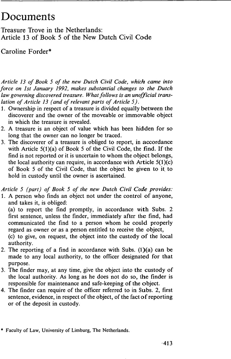 Treasure Trove in the Netherlands: Article 13 of Book 5 of the New ...
