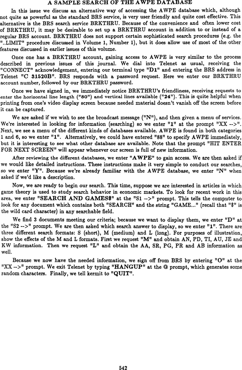 A Sample Search of the AWPE Database | Abstracts of Working Papers in ...