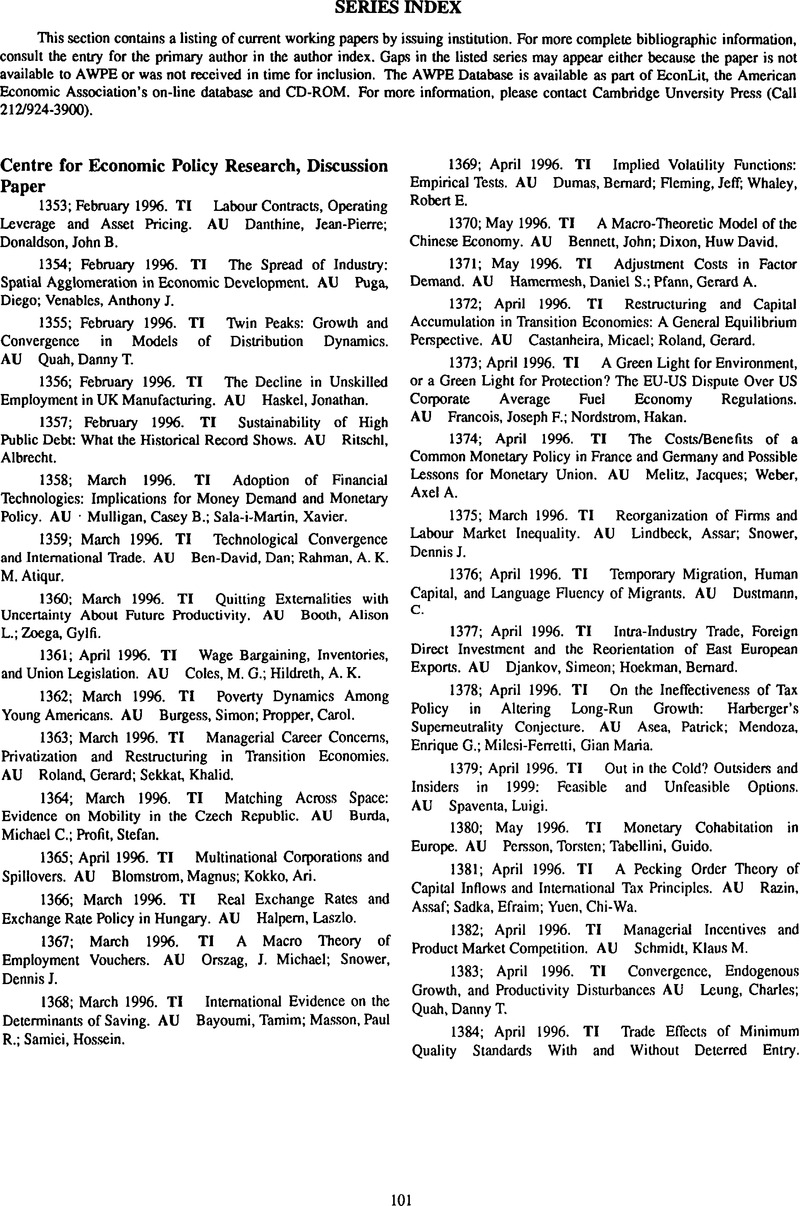 Series Index | Abstracts of Working Papers in Economics | Cambridge Core