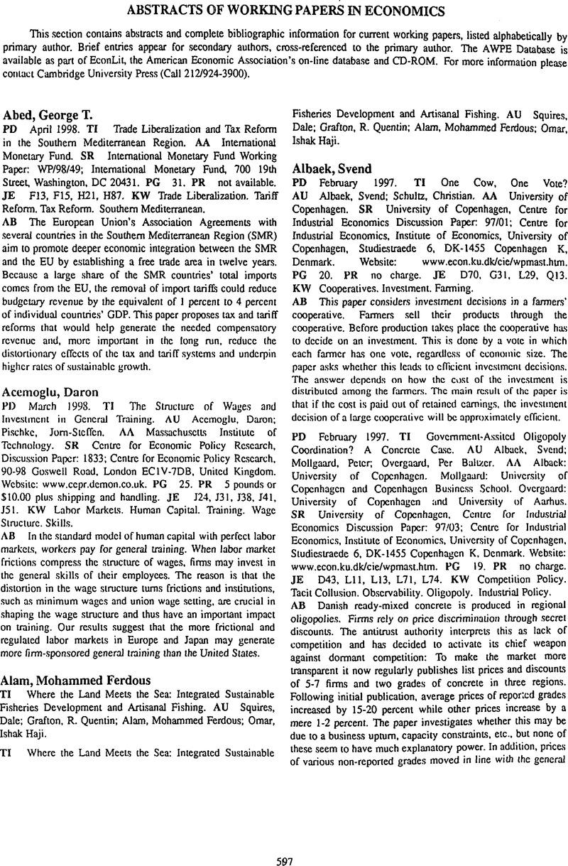 Field Key | Abstracts of Working Papers in Economics | Cambridge Core