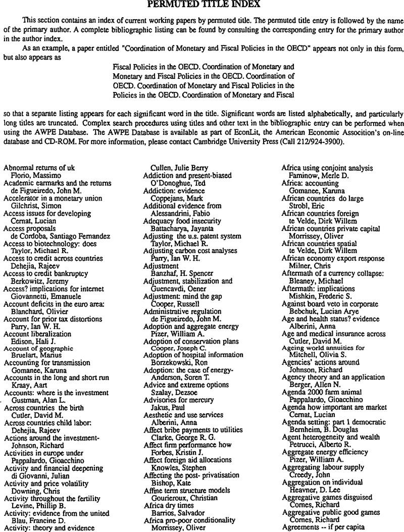 Permuted Title Index | Abstracts of Working Papers in Economics ...