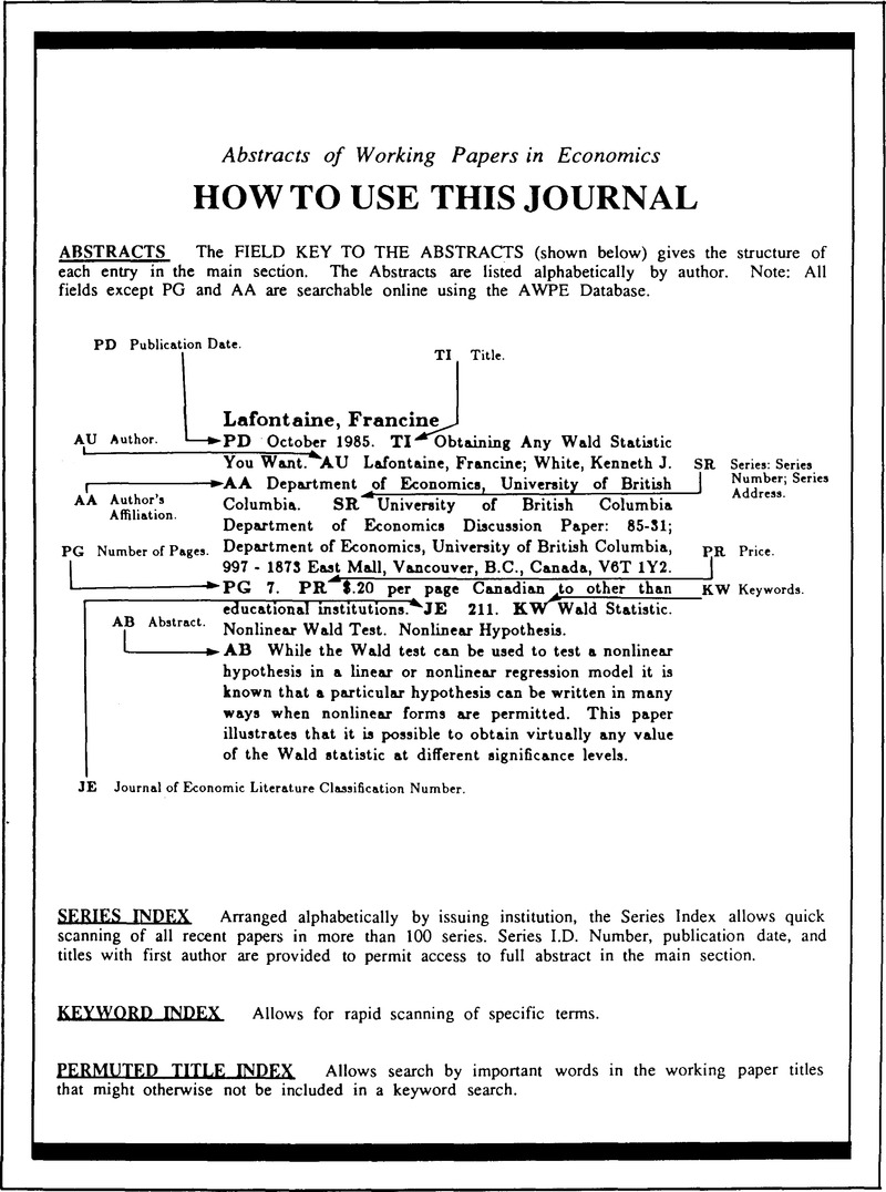 Field Key | Abstracts of Working Papers in Economics | Cambridge Core