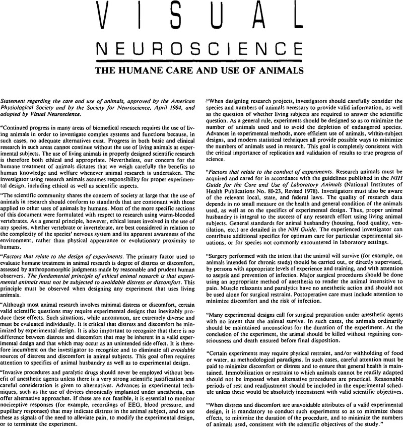 The Humane Care and Use of Animals | Visual Neuroscience | Cambridge Core