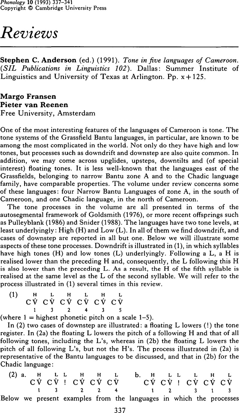 Stephen C. Anderson (ed.) (1991). Tone in five languages of Cameroon ...