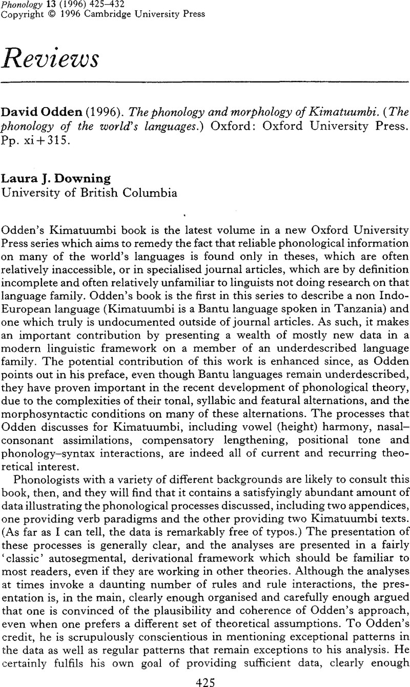 David Odden (1996). The phonology and morphology of Kimatuumbi. (The ...