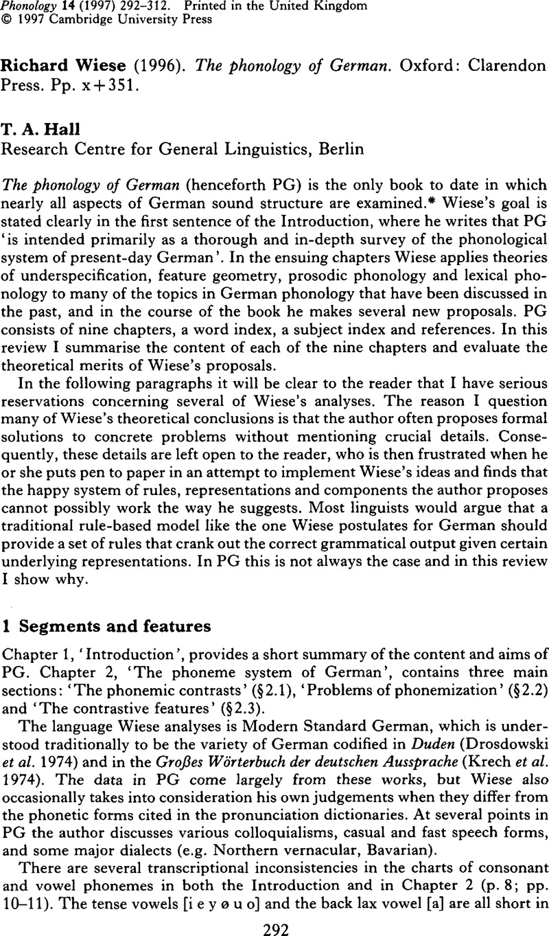 Richard Wiese (1996). The phonology of German. Oxford: Clarendon Press ...