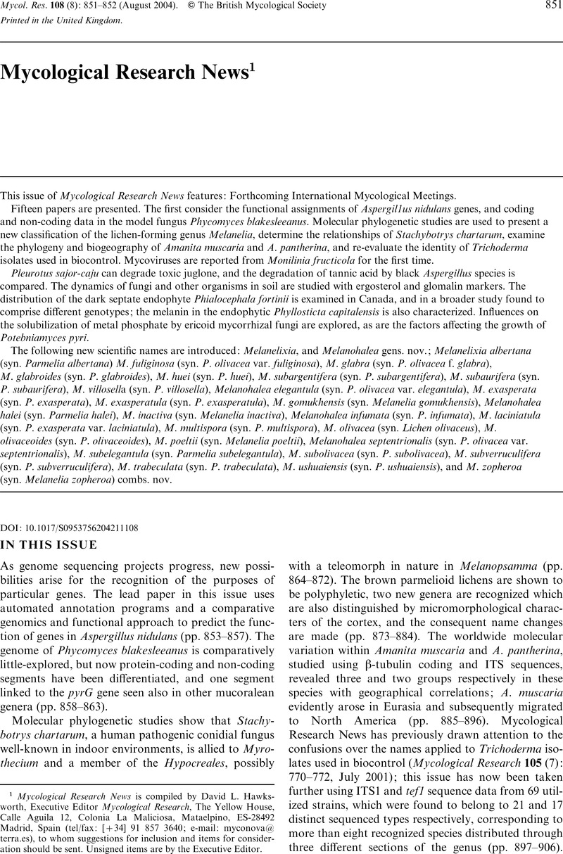 FORTHCOMING INTERNATIONAL MYCOLOGICAL MEETINGS | Mycological Research ...