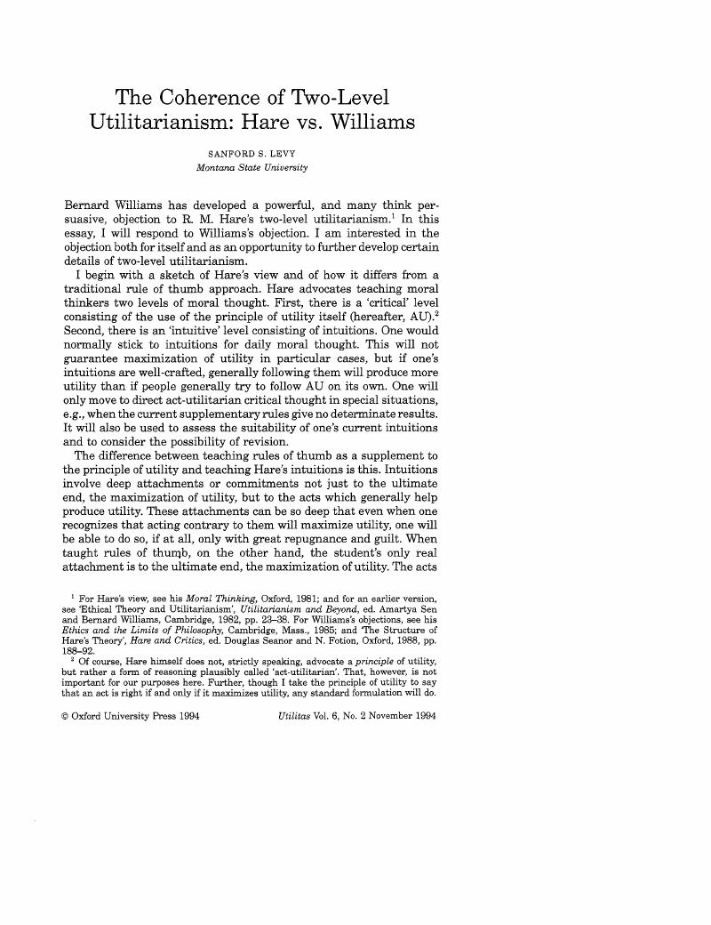 The Coherence of Two-Level Utilitarianism: Hare vs. Williams | Utilitas ...
