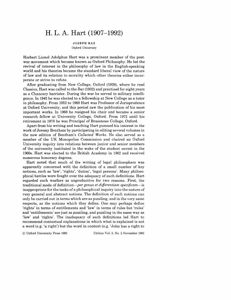 H. L. A. Hart (1907–1992) | Utilitas | Cambridge Core