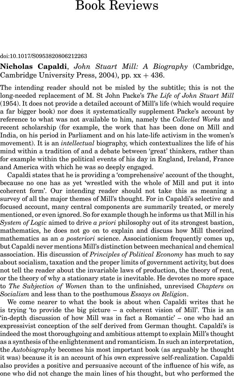 Nicholas Capaldi, John Stuart Mill: A Biography (Cambridge, Cambridge ...