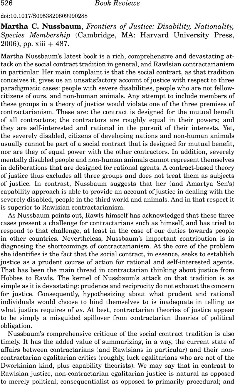Martha C. Nussbaum, Frontiers of Justice: Disability, Nationality ...