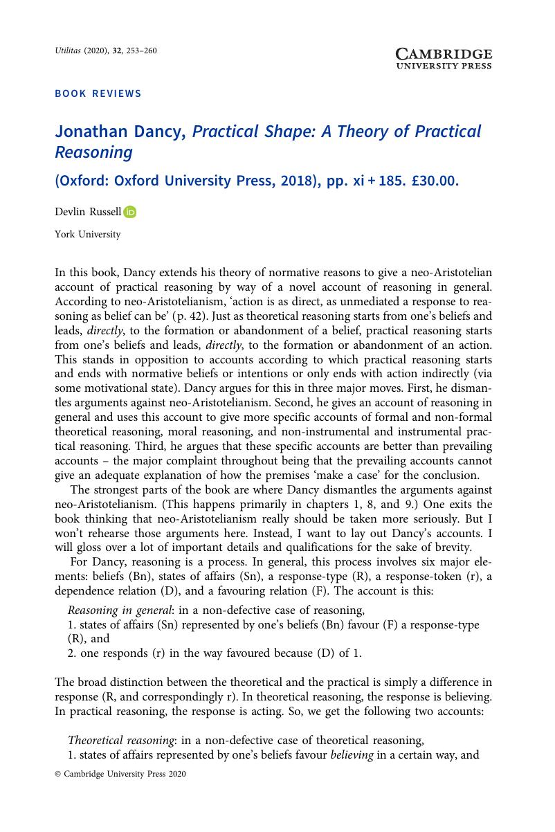 Jonathan Dancy, Practical Shape: A Theory of Practical Reasoning ...