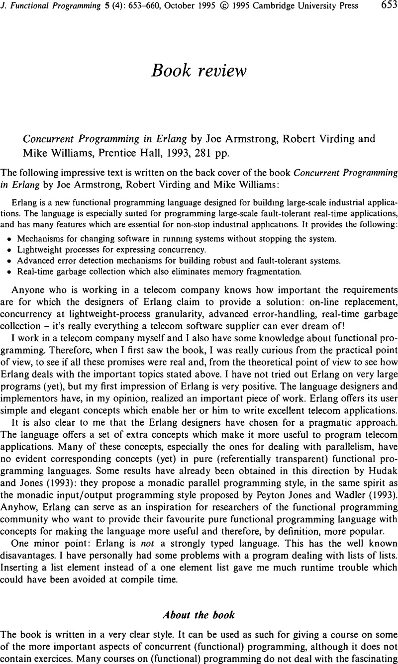 Concurrent Programming In Erlang By Joe Armstrong Robert Virding And Mike Williams Prentice