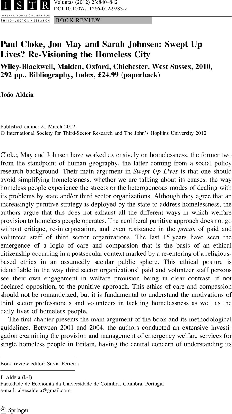 Paul Cloke, Jon May and Sarah Johnsen: Swept Up Lives? Re-Visioning the ...