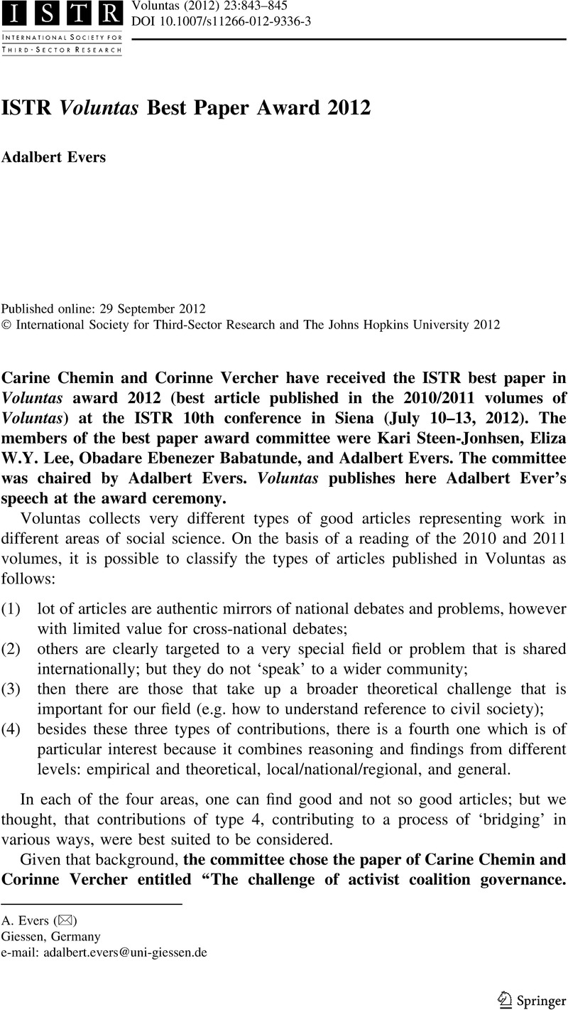 ISTR Voluntas Best Paper Award 2012 | Voluntas: International Journal ...