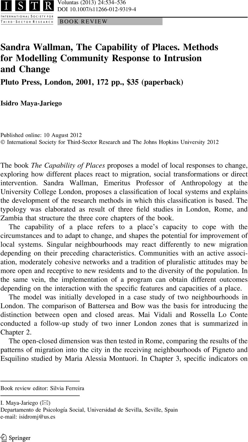 Sandra Wallman, The Capability of Places. Methods for Modelling ...