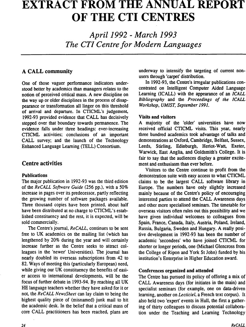 Extract from the Annual Report of the CTI Centres | ReCALL | Cambridge Core