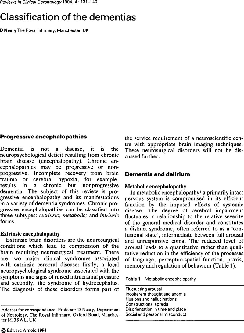 Classification of the dementias | Reviews in Clinical Gerontology ...