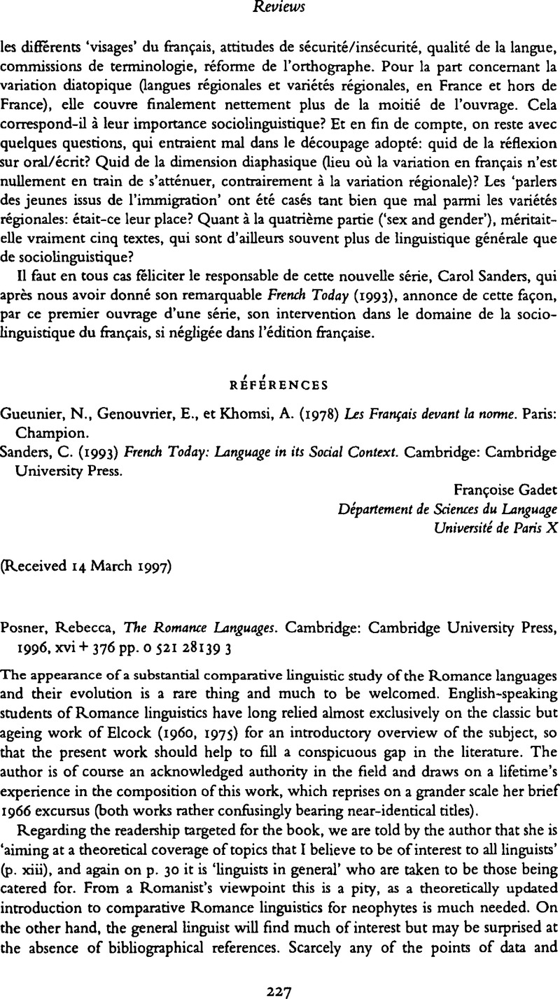 Rebecca Posner, The Romance Languages. Cambridge: Cambridge University ...