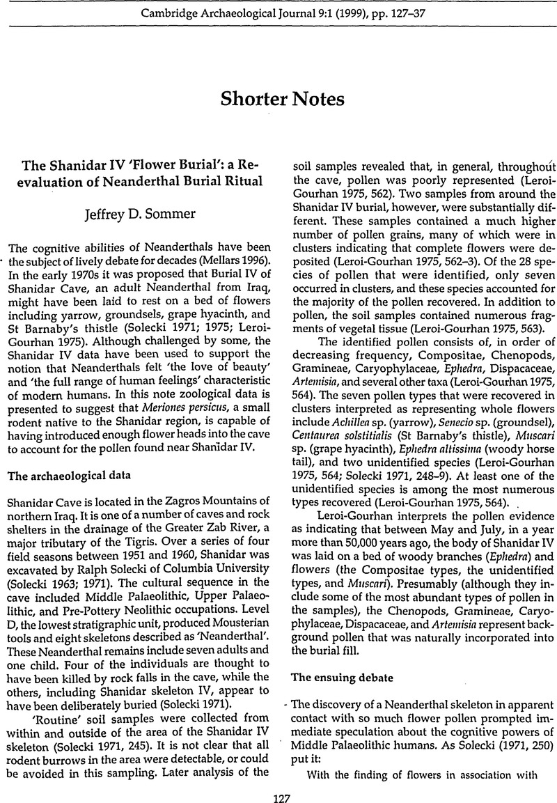 The Shanidar IV ‘Flower Burial’: a Re-evaluation of Neanderthal Burial ...