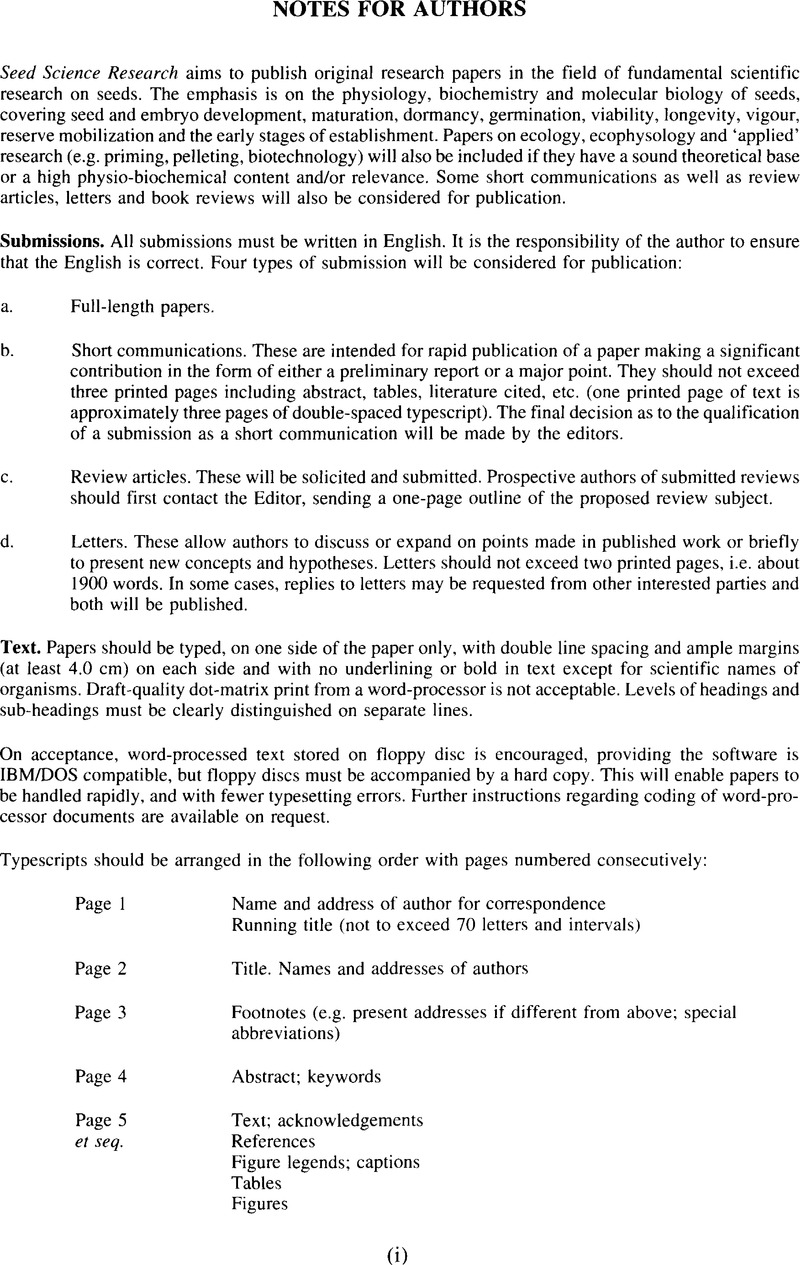 Notes for Authors | Seed Science Research | Cambridge Core
