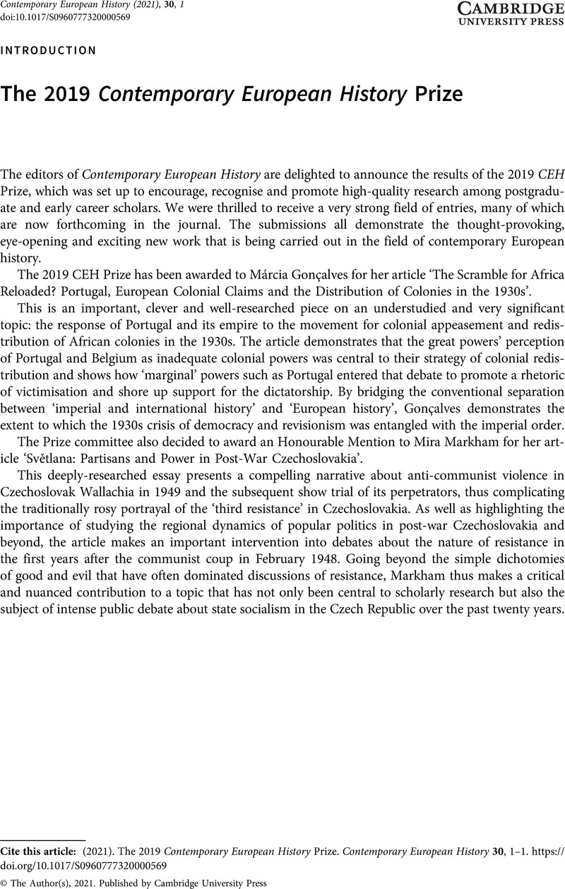 The 2019 Contemporary European History Prize | Contemporary European ...