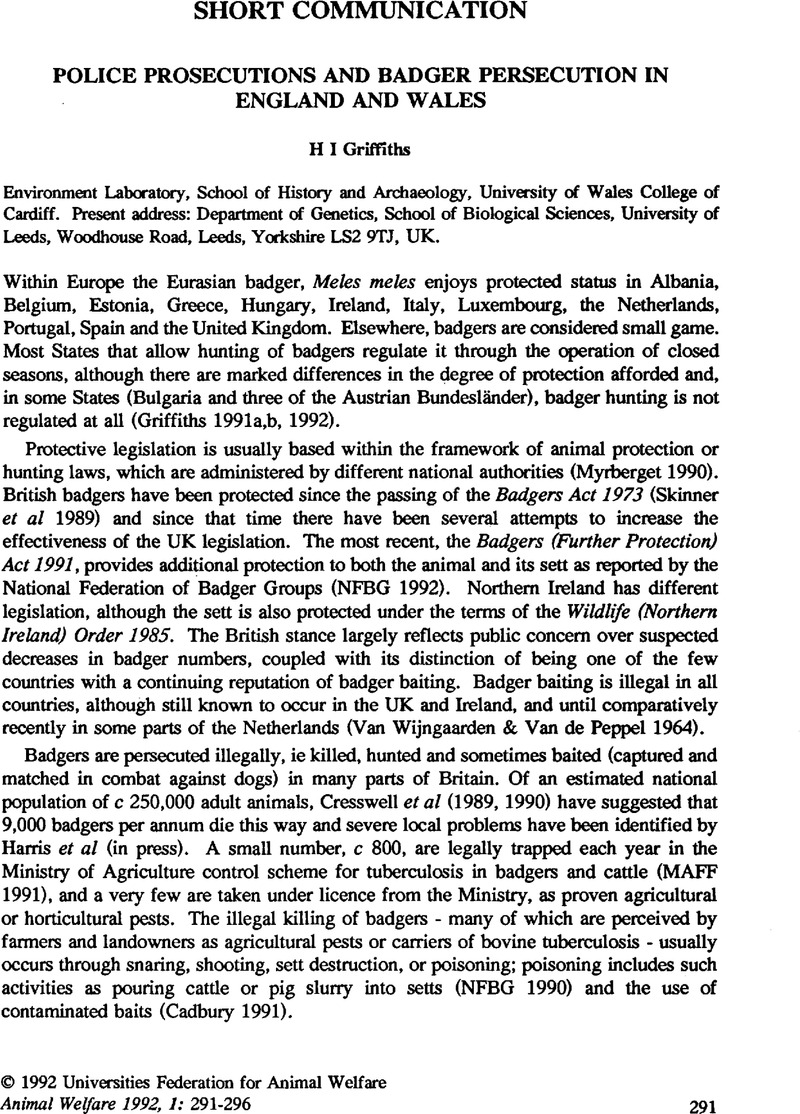 Police Prosecutions and Badger Persecution in England and Wales ...