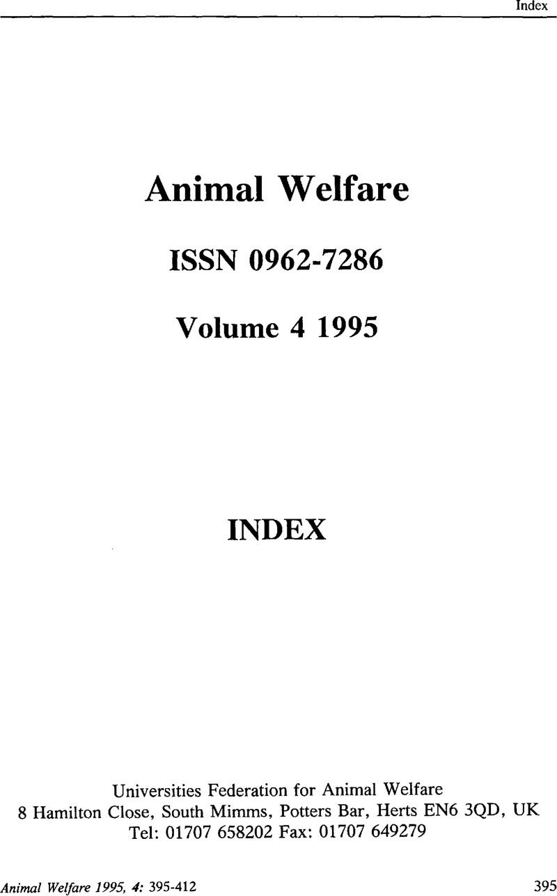 Animal Welfare ISSN 0962-7286 Volume 4 1995 Index | Animal Welfare ...