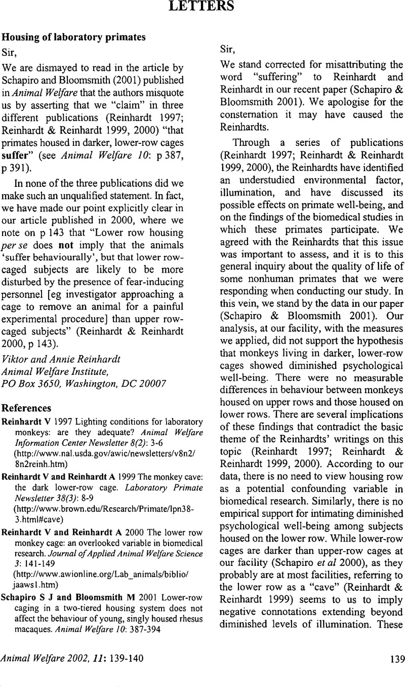 Housing of laboratory primates | Animal Welfare | Cambridge Core