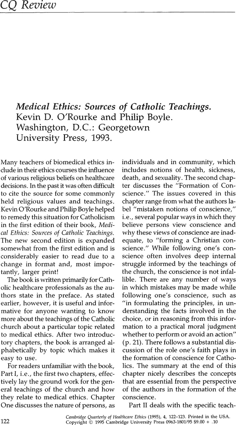Medical Ethics: Sources of Catholic Teachings. Kevin D. O'Rourke and ...