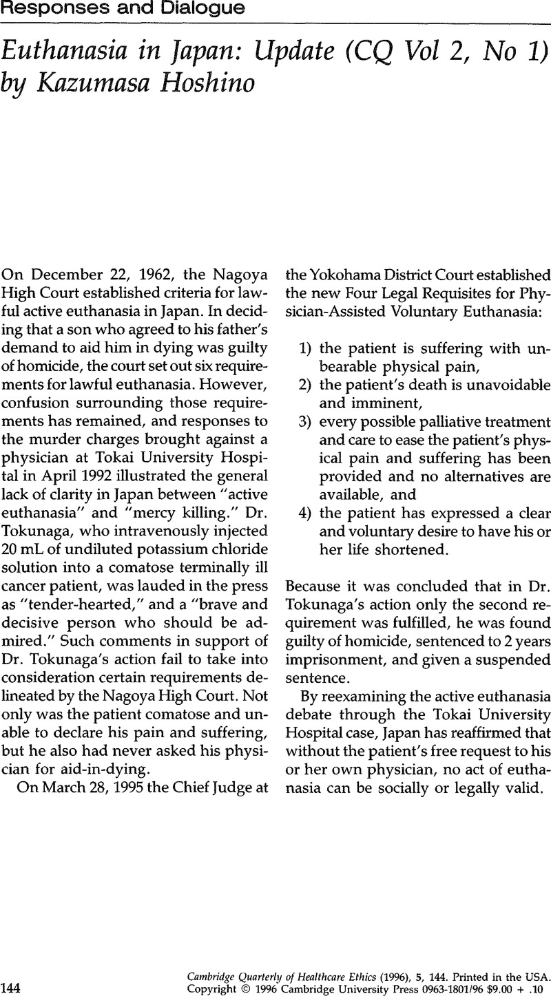 Euthanasia in Japan: Update (CQ Vol 2, No 1) | Cambridge Quarterly of ...