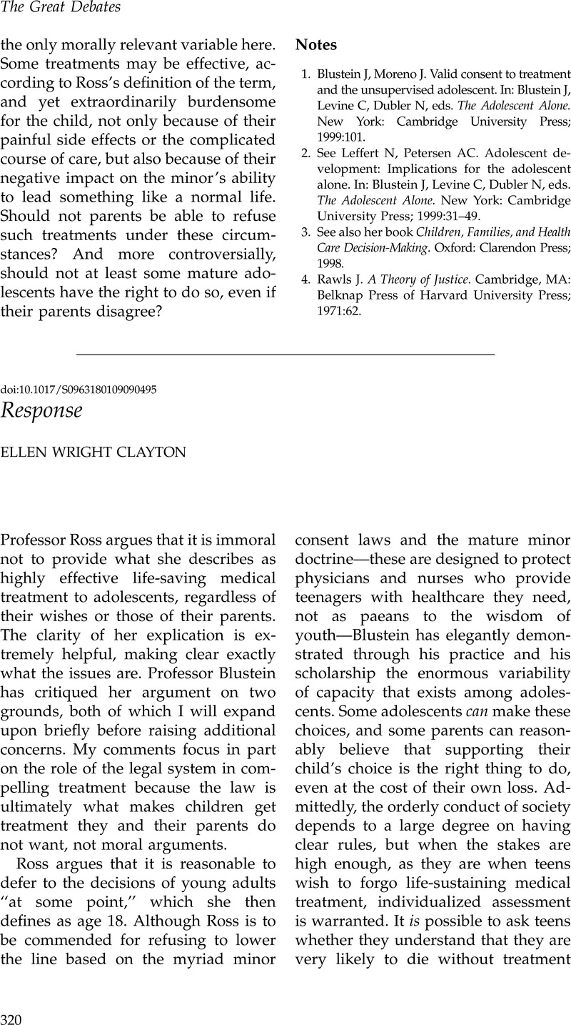 Response | Cambridge Quarterly of Healthcare Ethics | Cambridge Core