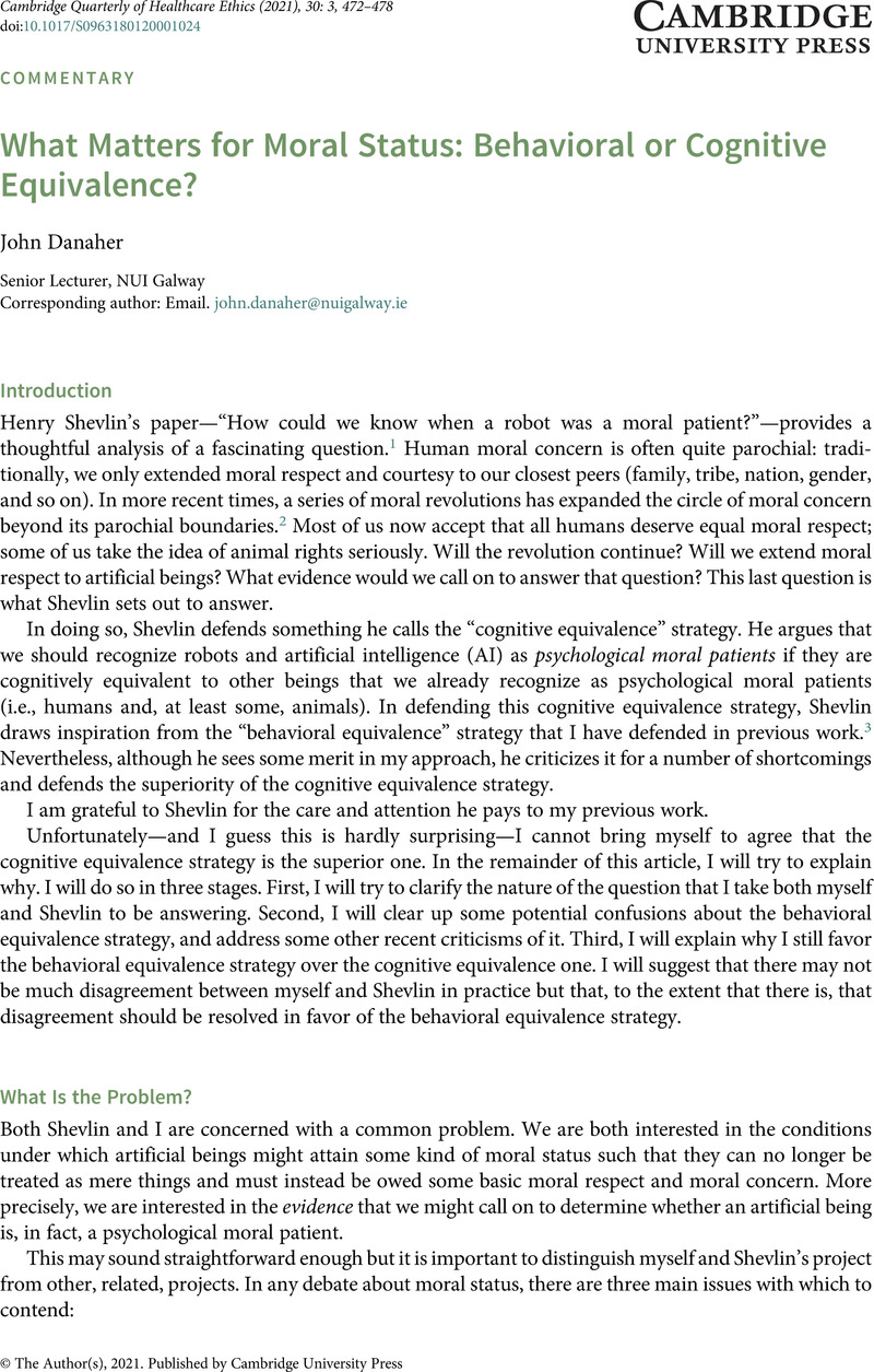 What Matters for Moral Status: Behavioral or Cognitive Equivalence ...
