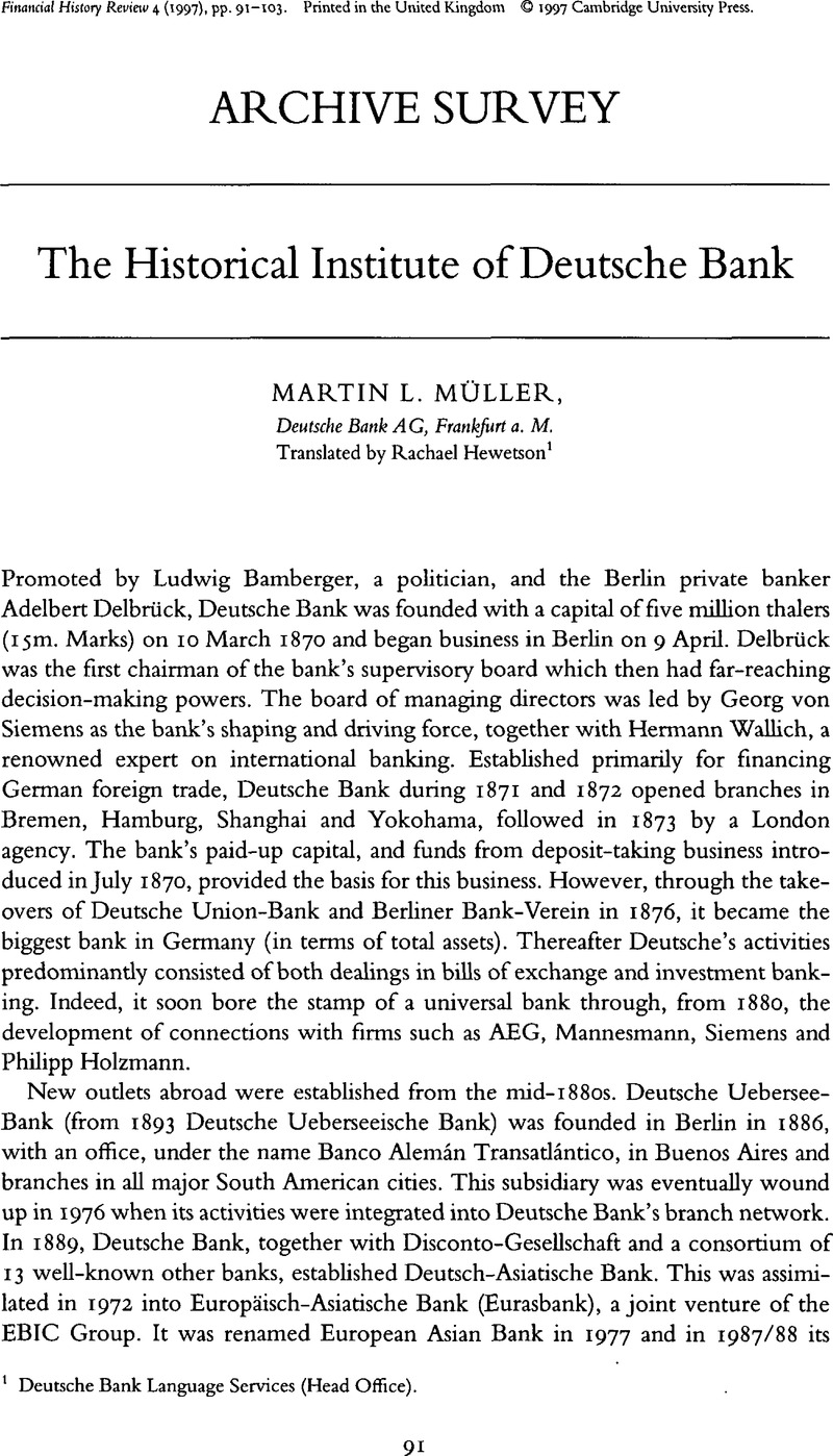 The Historical Institute of Deutsche Bank | Financial History Review ...