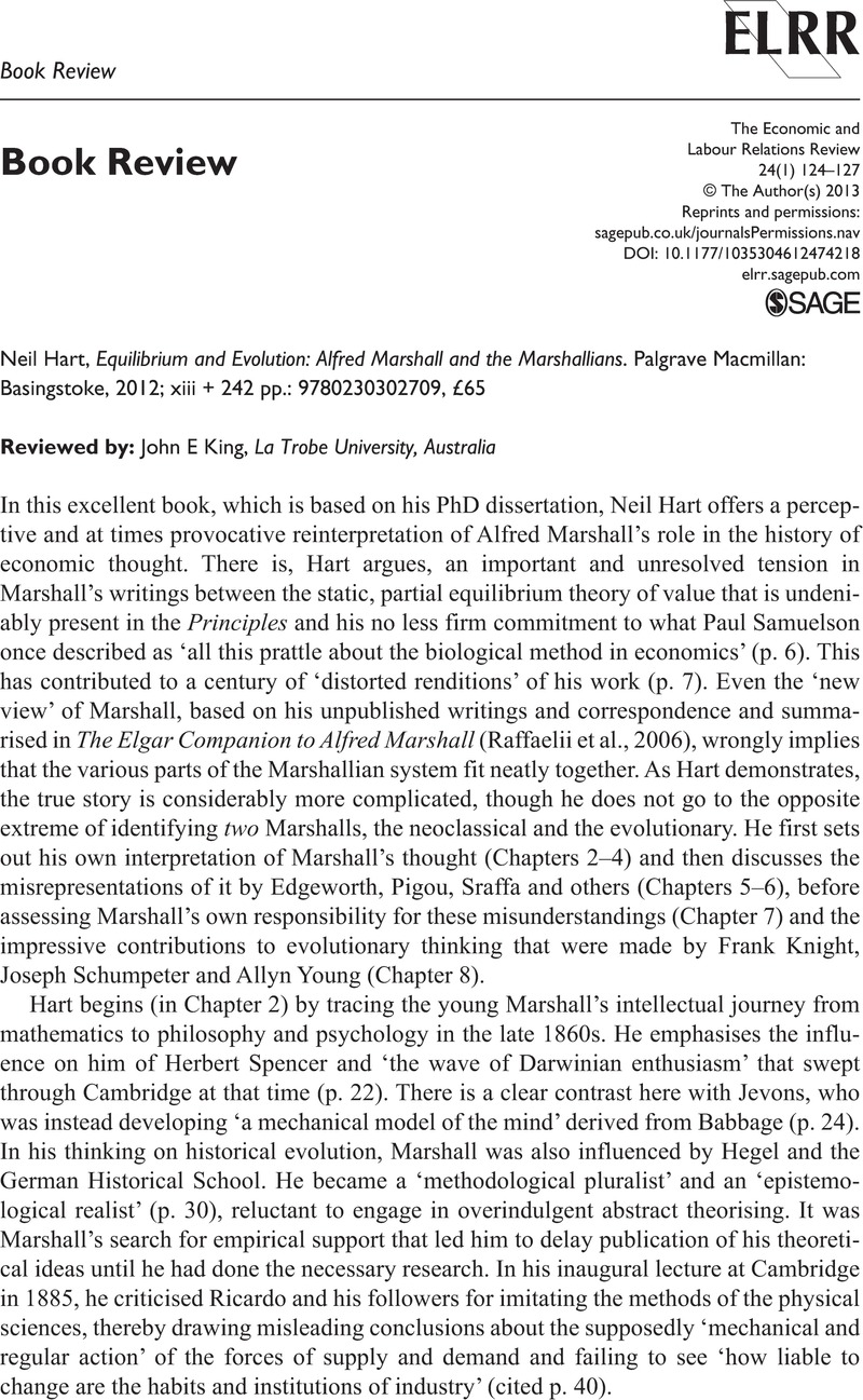Neil Hart, Equilibrium and Evolution: Alfred Marshall and the ...