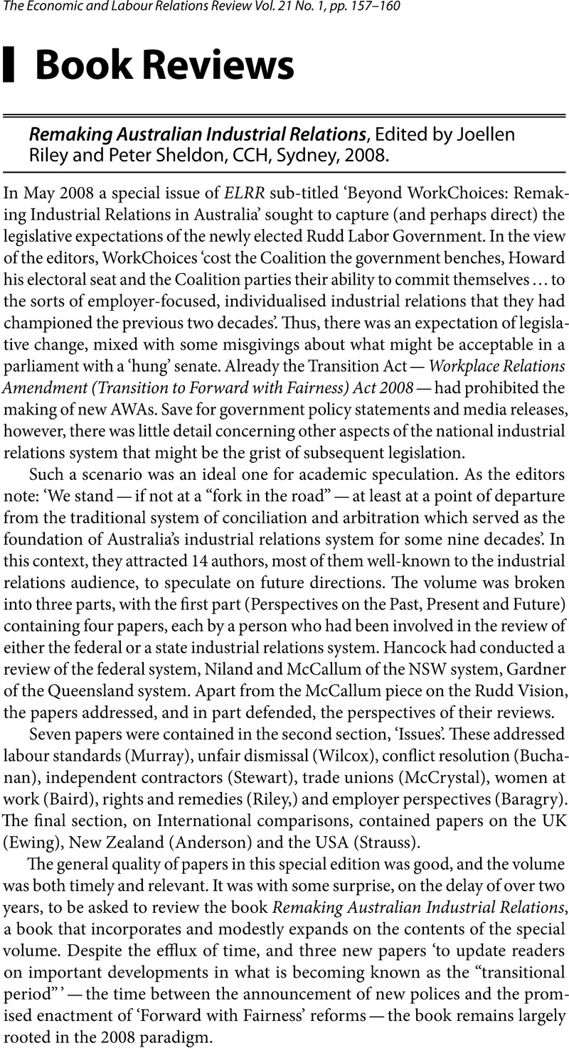 Remaking Australian Industrial Relations , Edited by Joellen Riley and ...