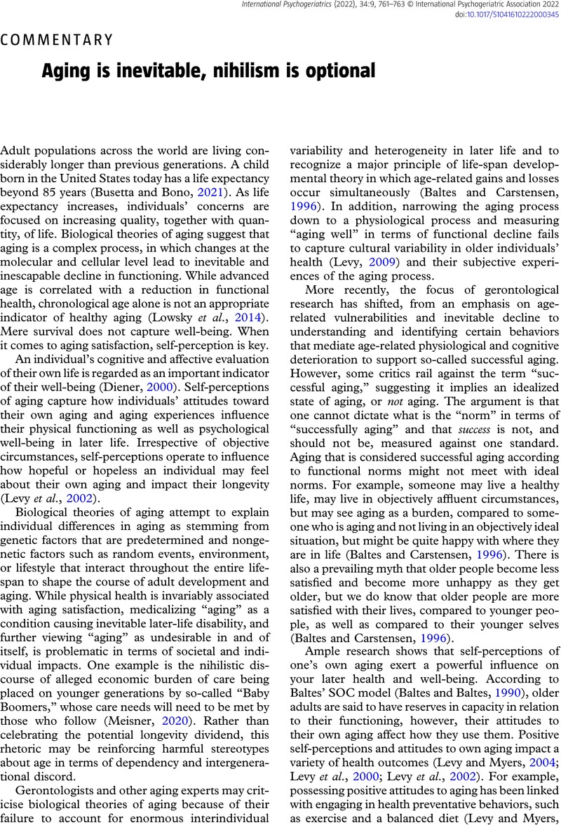Aging is inevitable, nihilism is optional | International Psychogeriatrics | Cambridge Core