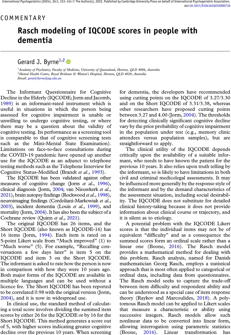 Rasch modeling of IQCODE scores in people with dementia | International ...