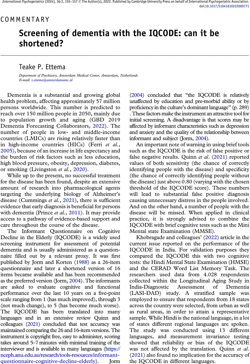 Screening of dementia with the IQCODE: can it be shortened ...