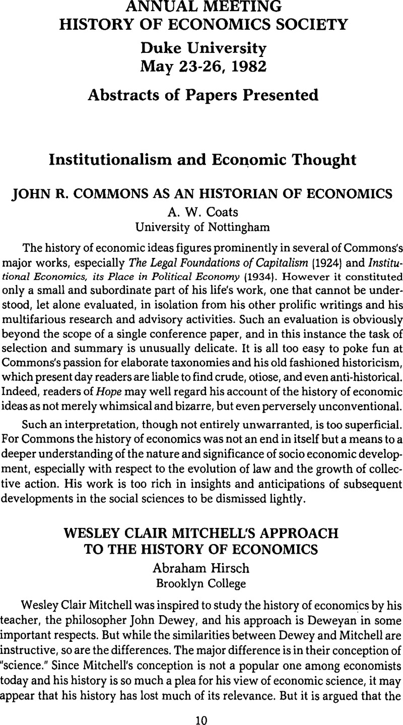 Annual Meeting History of Economics Society Duke University May 23-36 ...