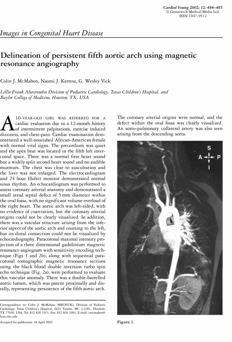 Delineation of persistent fifth aortic arch using magnetic resonance ...