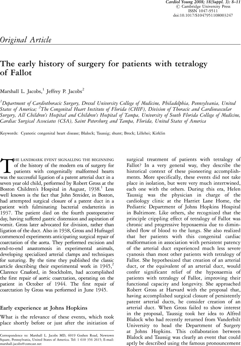The early history of surgery for patients with tetralogy of Fallot ...