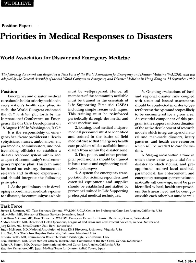 Position Paper: Priorities in Medical Responses to Disasters ...